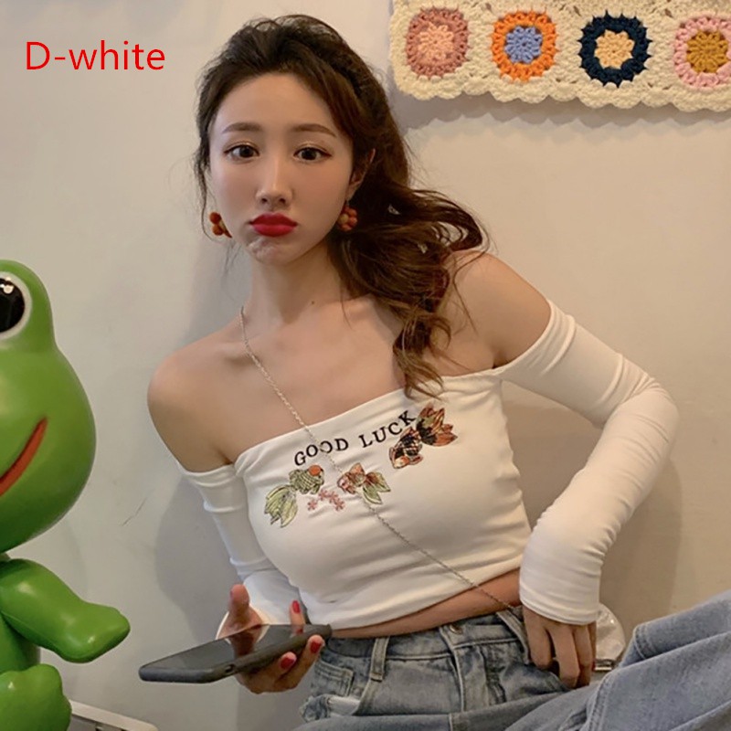 Women Sexy Off Shoulder Slash Neck Casual Long Sleeve Crop Top Korean
