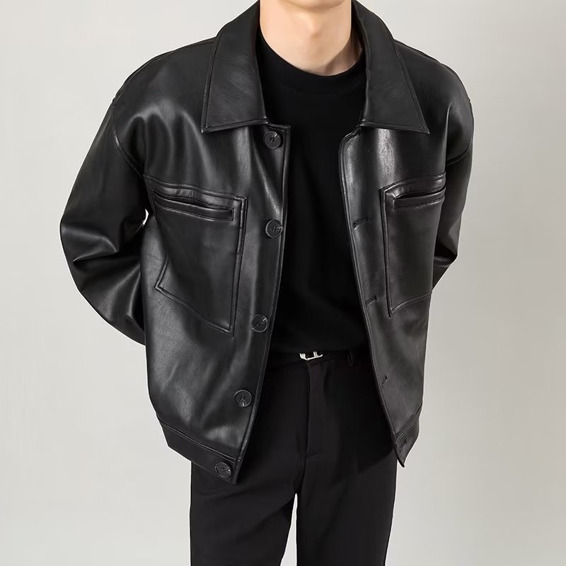 Lapel Leather Jacket Korean High-Quality Leather Jacket American Style ...