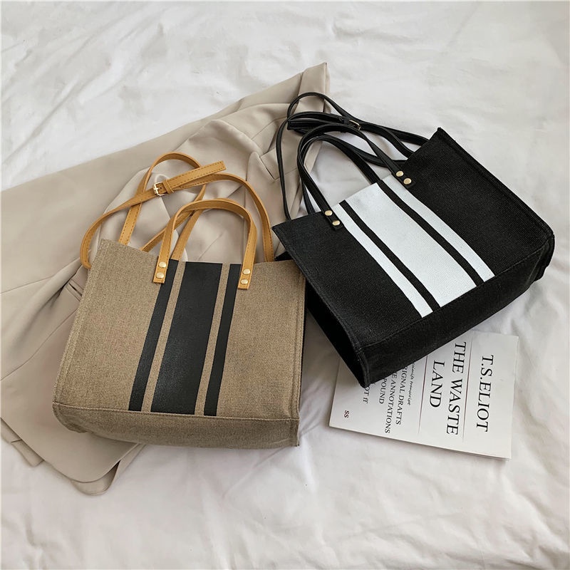 Korean Women's Portable Diagonal Business Commuter Stripe Square Canvas ...