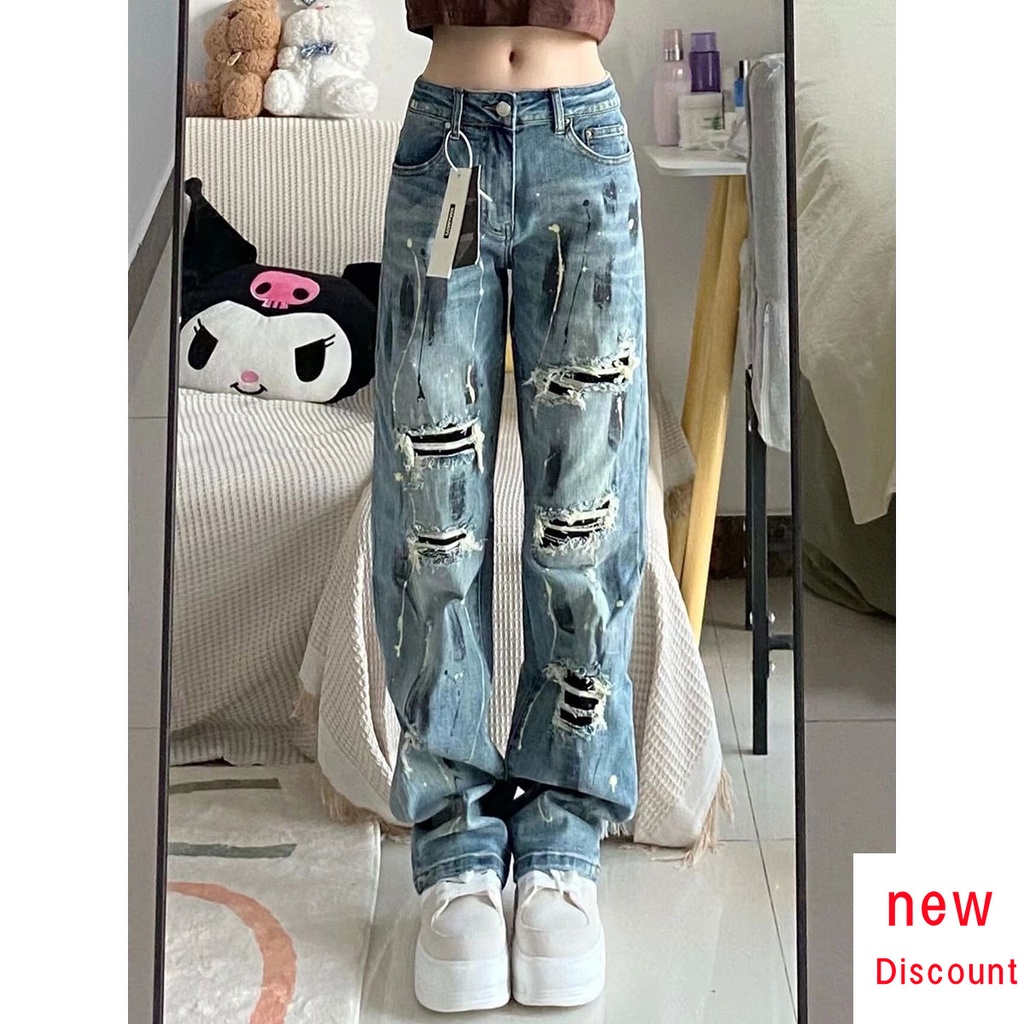 American vibe Vintage Old Splash Ink Ripped Jeans Women's High Street ...