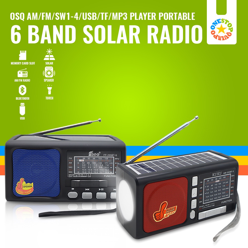 OSQ Solar Bluetooth Speaker AM/FM/SW 6 Bands Solar Radio AM-255-BTS ...