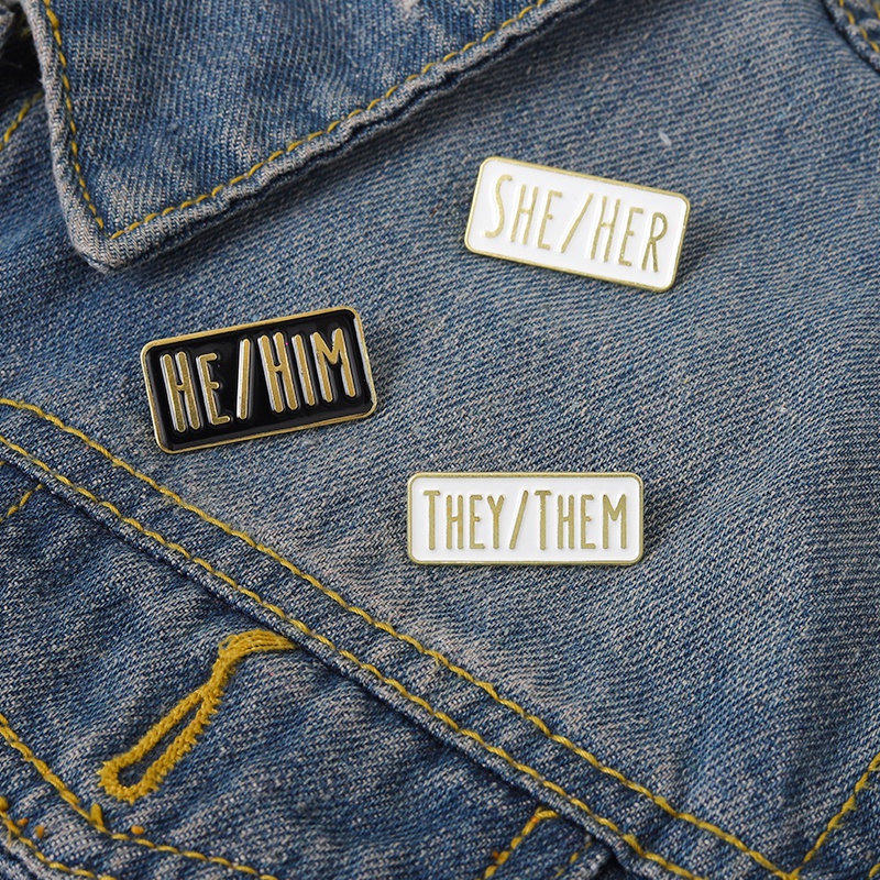Simple Pronouns Enamel Pins HE HIM SHE HER THEY THEM Brooches Black White Lapel Badges Fun ...