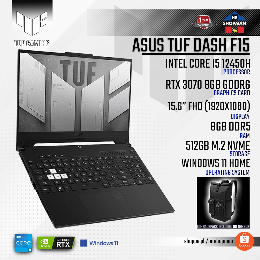 ASUS TUF DASH F15 2022 Intel I5 12450H / RTX 3070 / 8GB RAM 512GB NVME ...