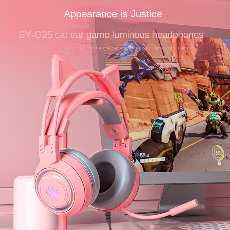 Cute Cat Ear Luminous Game Computer Wire-Controlled Headset Wired ...
