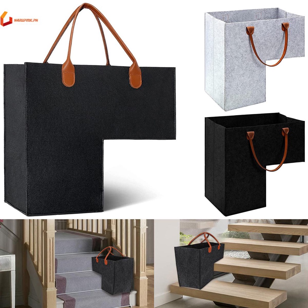Stair Basket with Leather Handles Felt L-Shape Stair Step Bin Space ...