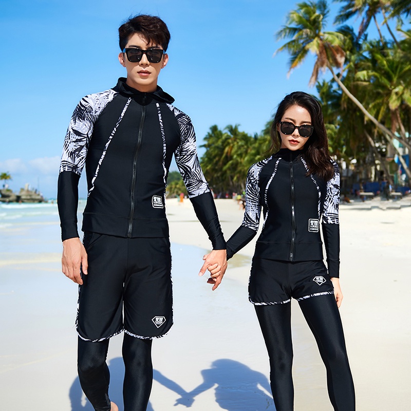 Hoodie Swim Shirt Set Women Men Swimwear Long Sleeve Rash Guards Couple ...