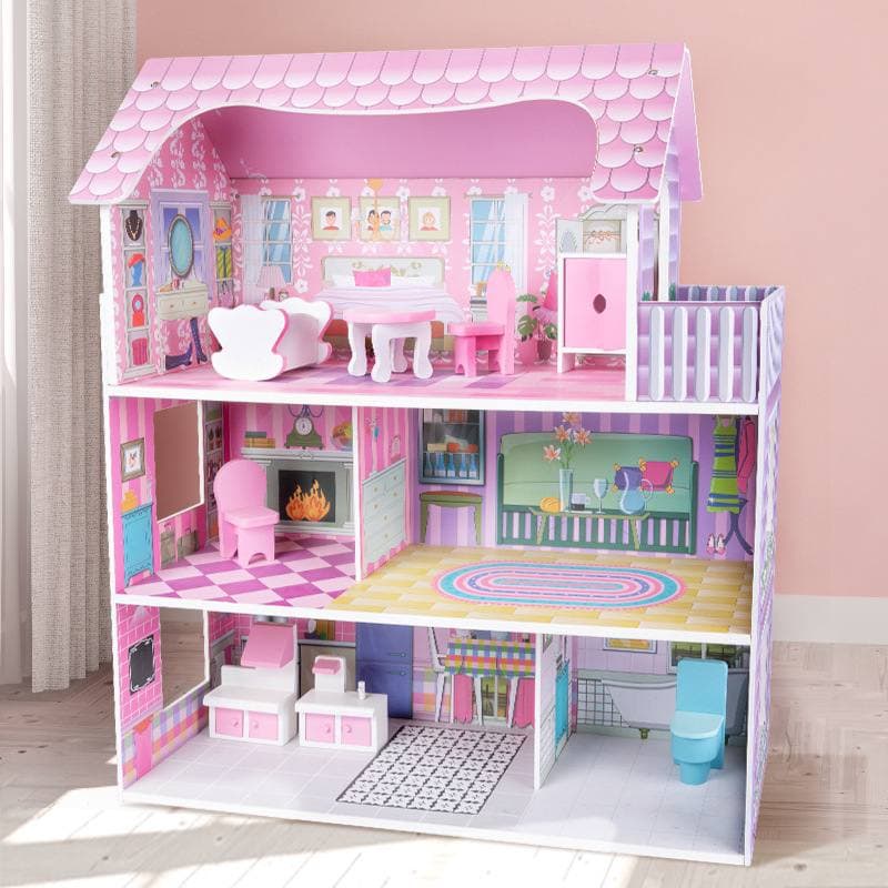 BYJ Wooden Pink Dollhouse for Girls Pretend Play Set Doll House for ...
