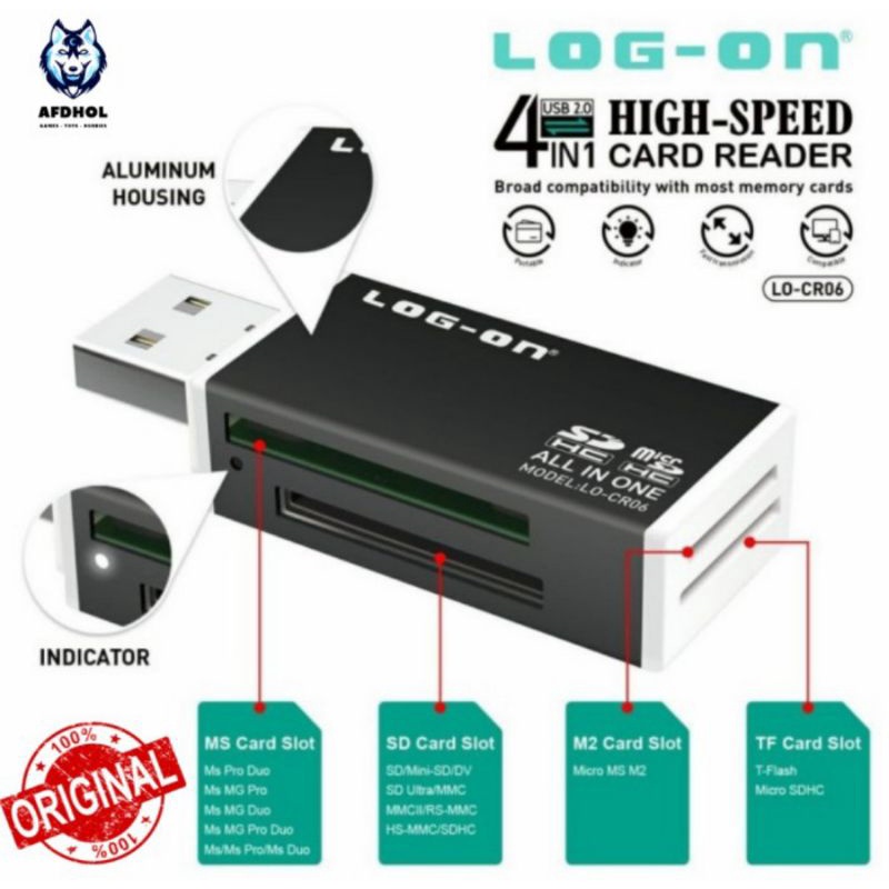 Log ON CARD READER USB 4 SLOT 4 IN 1 CARDREADER USB 2.0 ALUMUNIUM LOGON ...