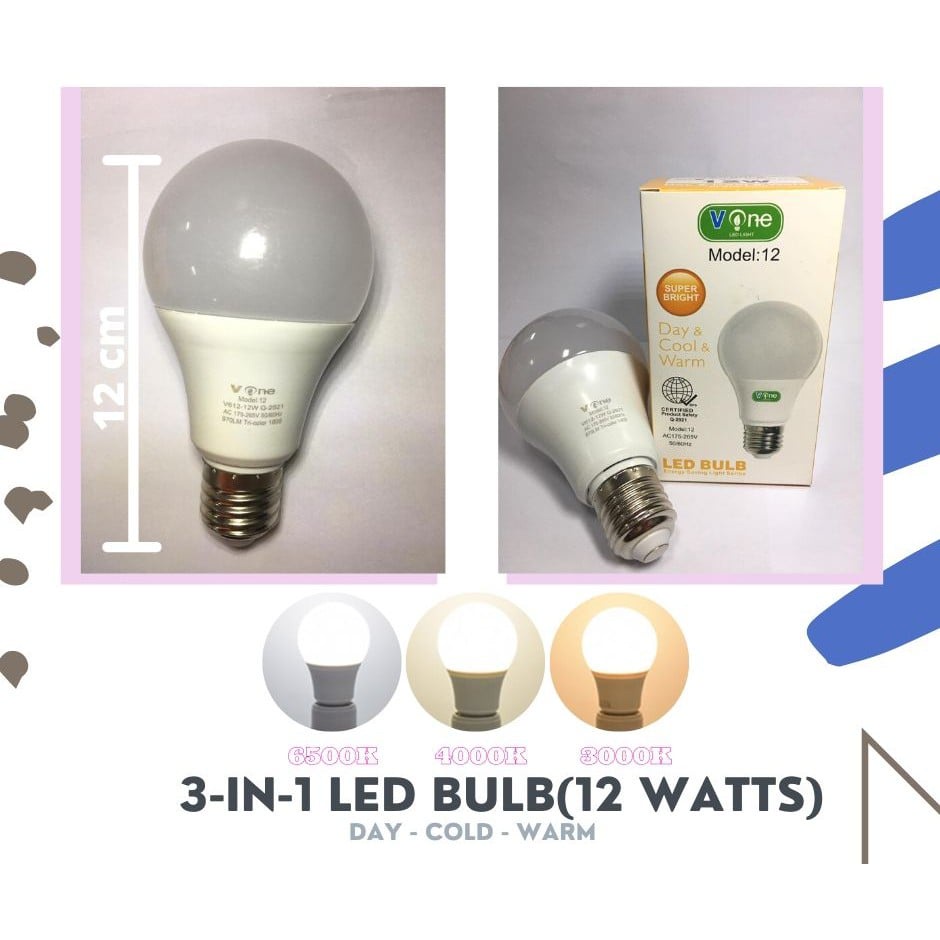 VONE Tri-Color Bulb E27 LED Light Bulb Day & Cool & Warm Light | Shopee ...