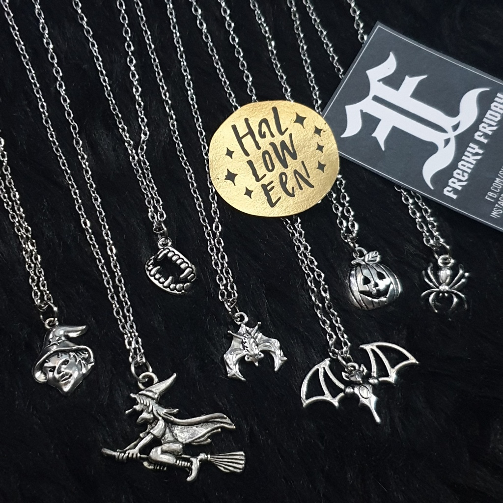 Halloween Set A Charm Chain Necklace - Gothic Punk Spooky Witch Bat ...