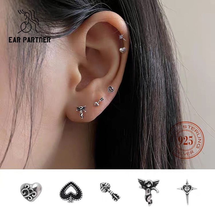 Ear Partner Tiny Vintage S925 Sterling Silver Stud Earrings Cupid Heart Earring Set For Women ...