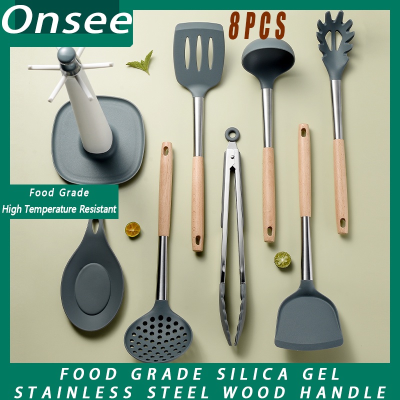 Silicone Kitchen Utensils Stainless Steel/Wooden Handle Non-stick Food ...