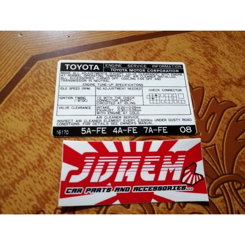 Toyota Engine Service Information Hood Label for 5Afe 4Afe 7Afe ...