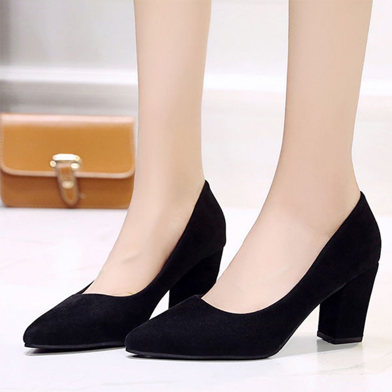 SWEETC Shoes for Women Black Pointed-toe Pump Suede Block Heel High ...