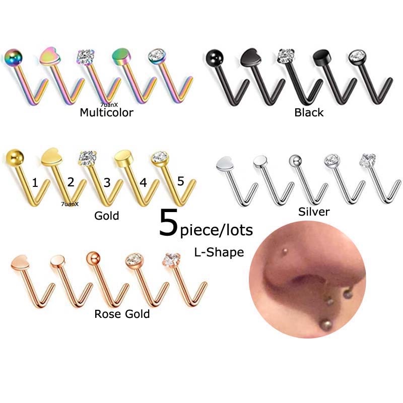 5 Piece Nose Screw Piercing L-Shape Nose Studs Stainless Steel Body ...