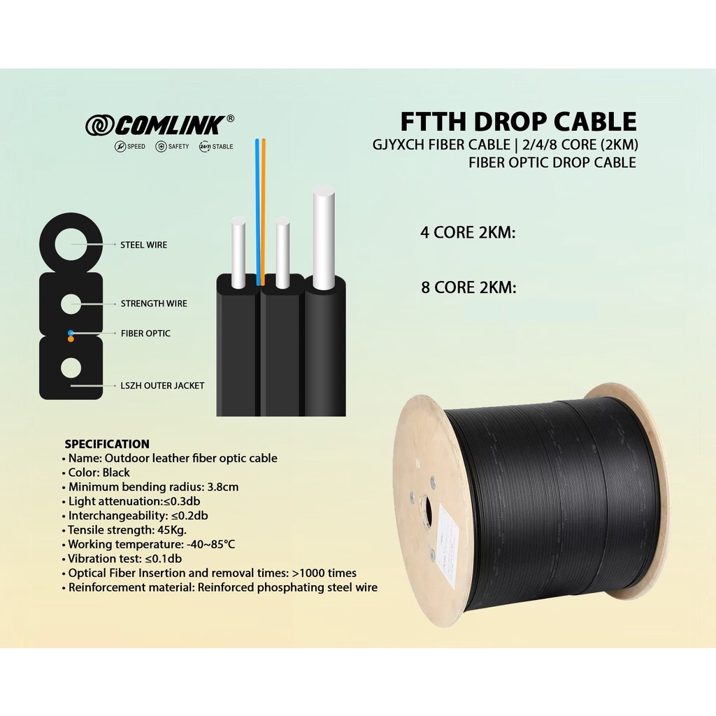 COMLINK V2 Drop Cable 1F(1KM) 1.2mm,GJYXCH 3 Steel Galvanized Premium ...