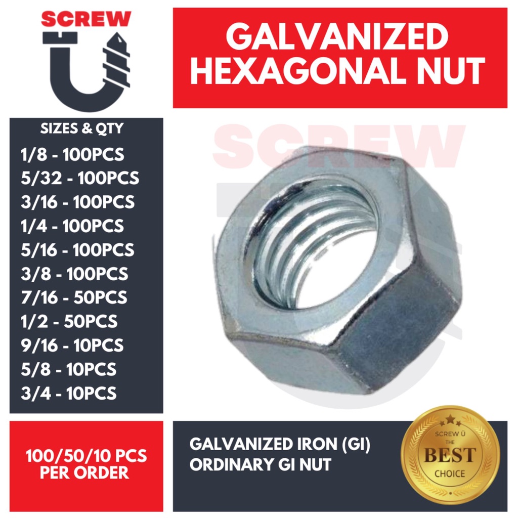 10/50/100 PCS GALVANIZED HEX NUT ORDINARY HEXAGONAL GI NUT | Shopee ...