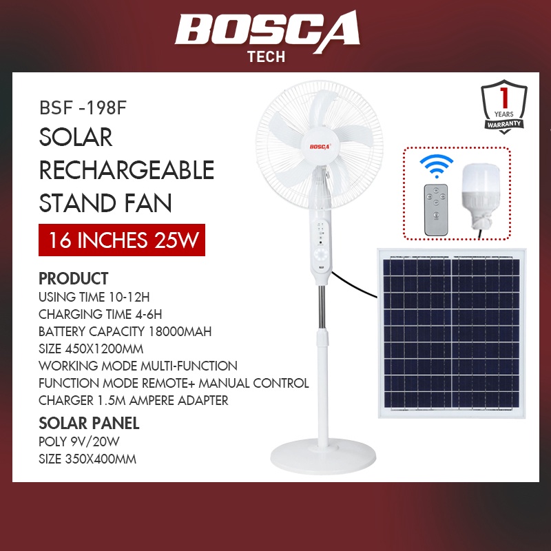 BOSCA Solar rechargeable fan 16 inches 25W Stand Fan Floor fan BSF-198F ...