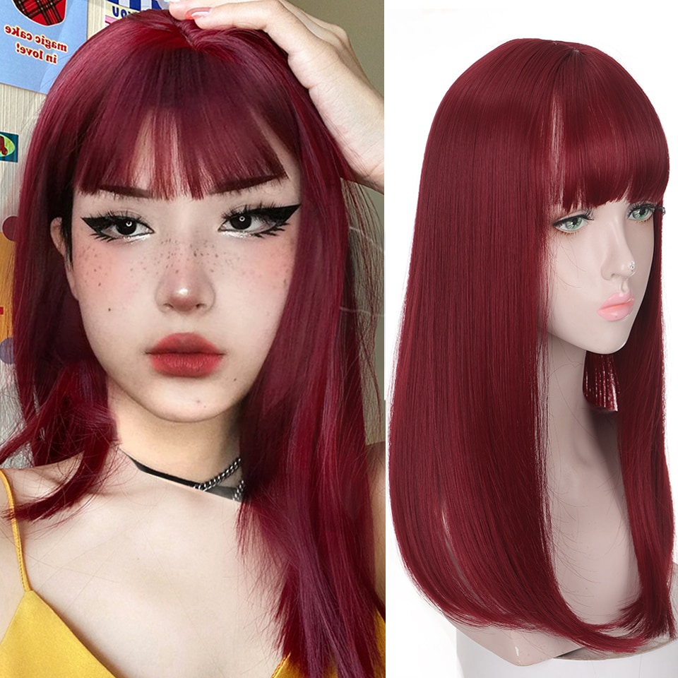 Long Straight Hair Red Purple Bangs Wig Female Synthetic Bangs Wig High ...