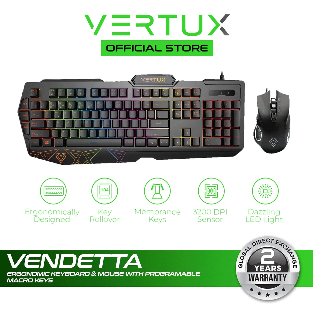 Vertux Vendetta Ergonomic Gaming Keyboard and Mouse Combo with ...