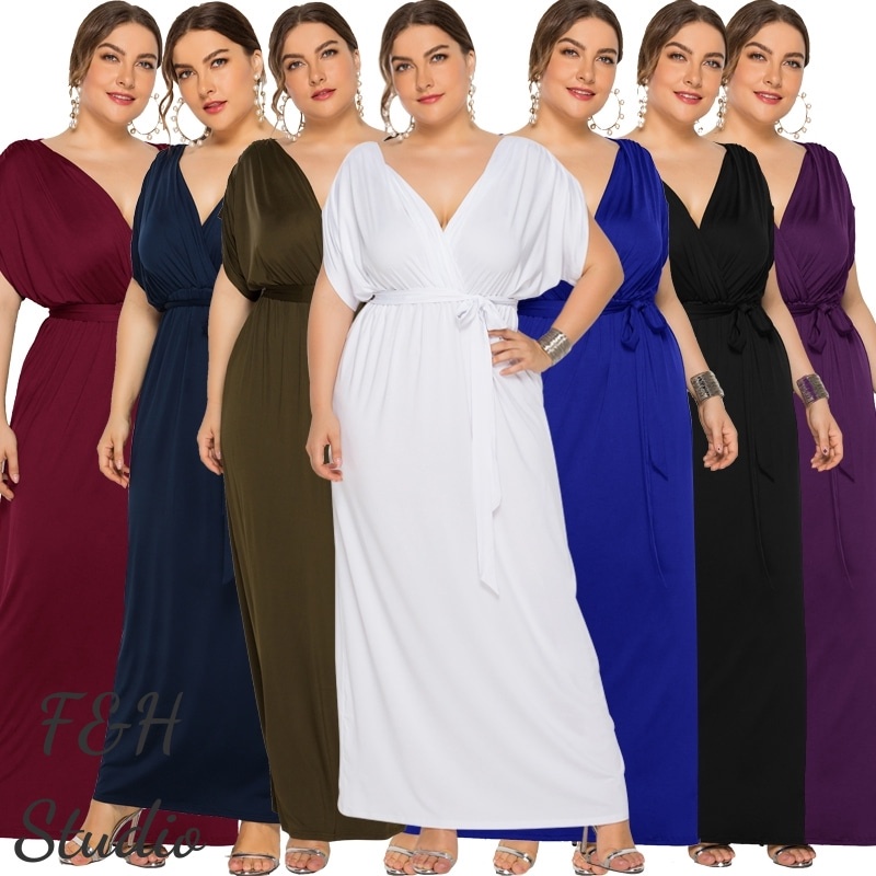7 Colors M-4XL Women Big Size Dress Waist Belt Short Sleeves Maxi Dress ...