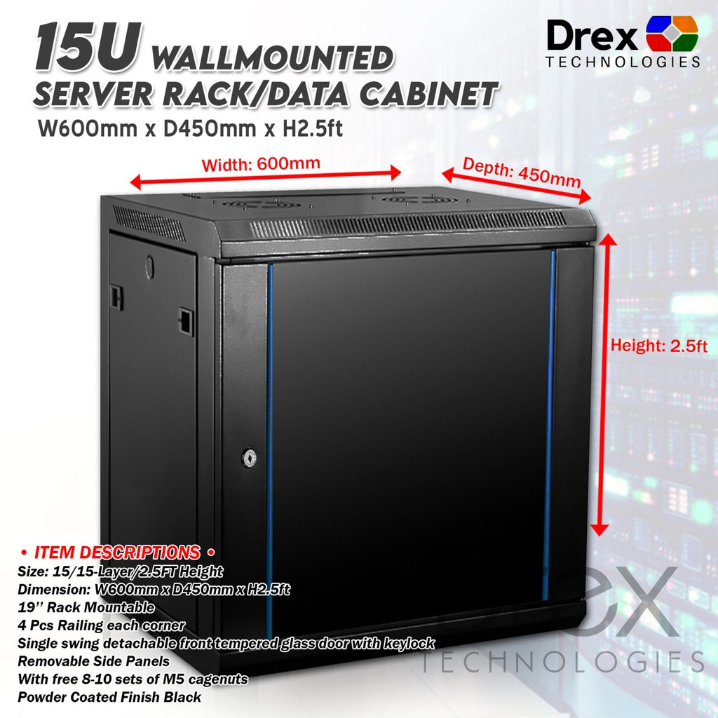 15U 15-Layer Wallmounted Data Cabinet / Server Rack W=600 x D=450mm x H ...