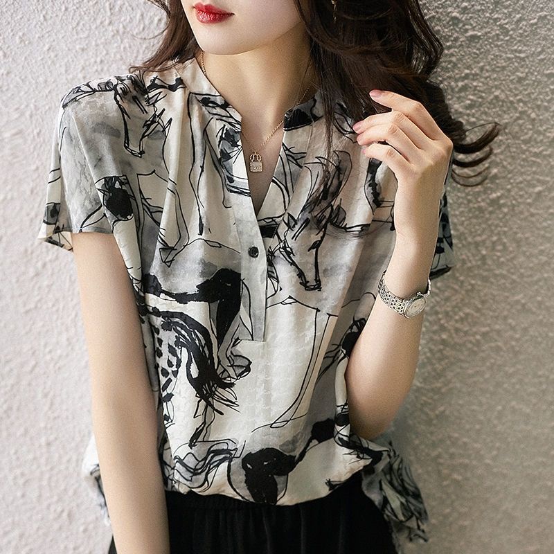 Vintage Chiffon Shirt Print Fashion Korean Top | Shopee Philippines
