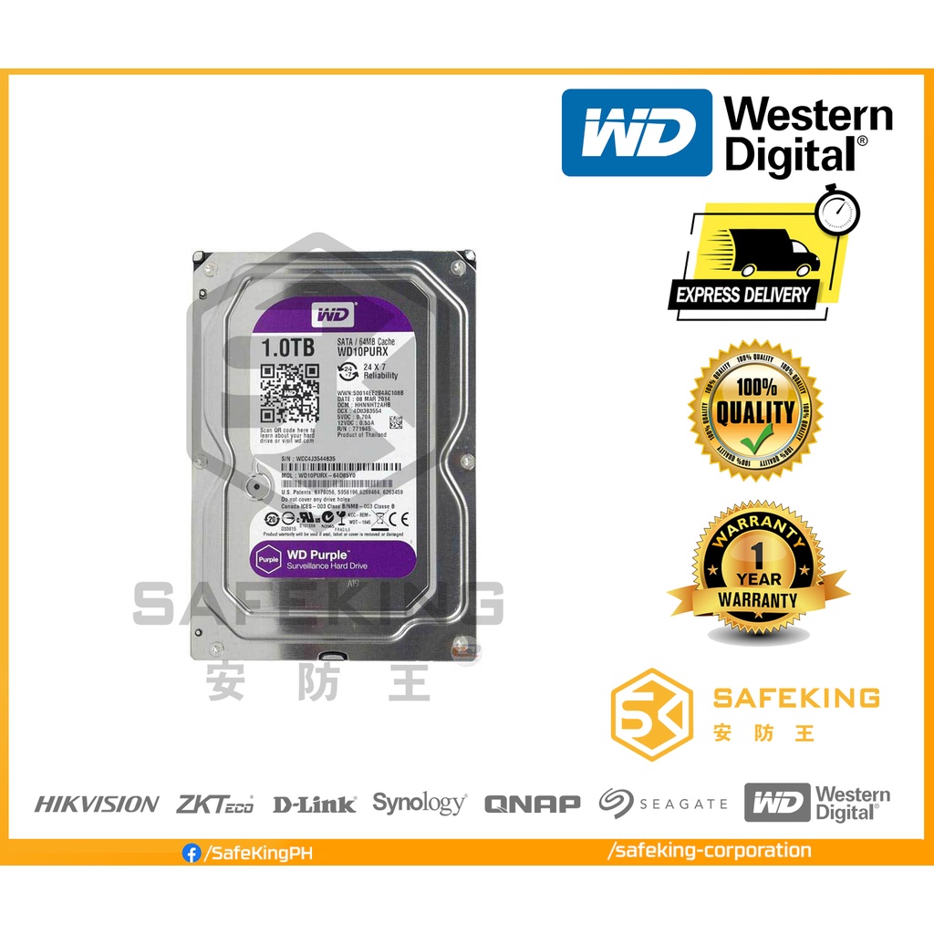 WD10PURX WD Purple Surveillance HDD 1TB 64MB Cache SATA 6Gb/s 5400RPM 3 ...
