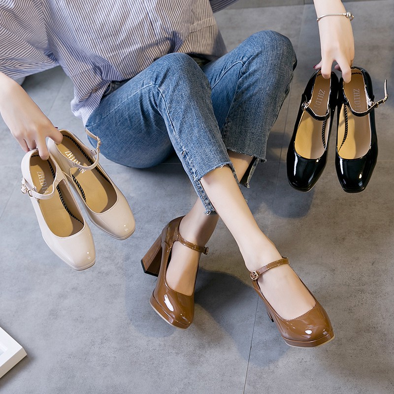 women block heels pumps patent leather platform shoes | Shopee Philippines