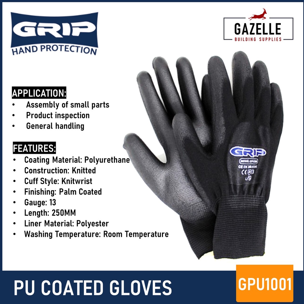 Grip Safety Gloves Cotton Comfort Stretchable - PU Coated Black Gloves ...