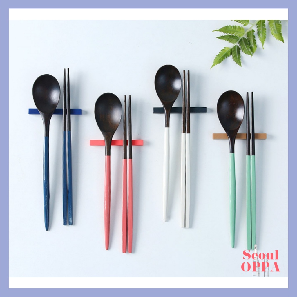 [1+1] Korean Vivid Color Wooden Spoon and Chopstick Set 2 Pieces Eating ...