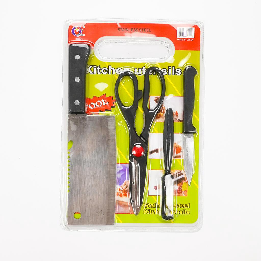 Kitchen Knife Set 4 pcs Shapening Steel Scissor Knife Peeler | Shopee ...