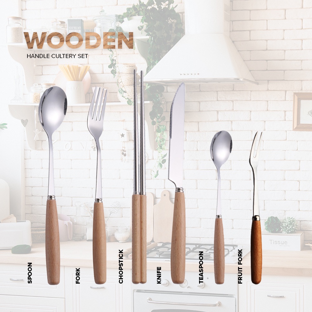 Tableware Wooden Handle Stainless Steel Cutlery Spoon Two Prong Fork ...