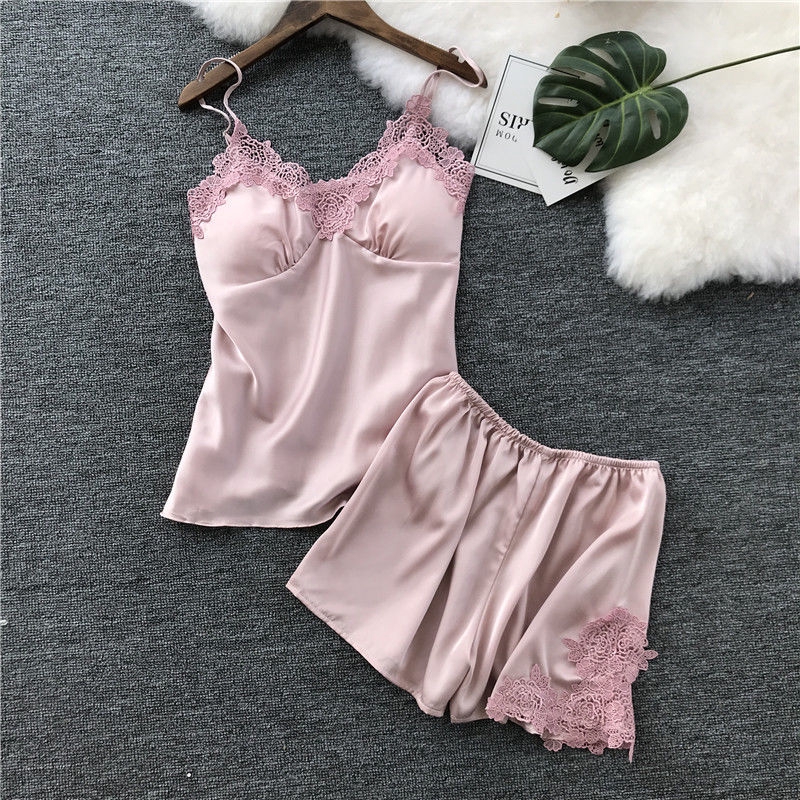 Sexy Lace Pajamas Women's Straps Shorts Two-piece Suit Chest Pad V-Neck ...