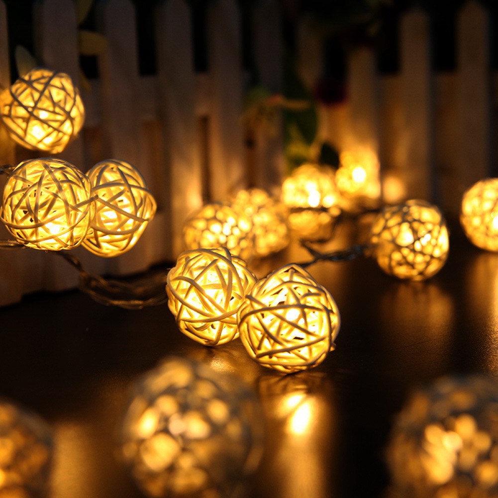 Rattan Balls LED String Lights Battery Garland Cotton Ball Fairy Light ...