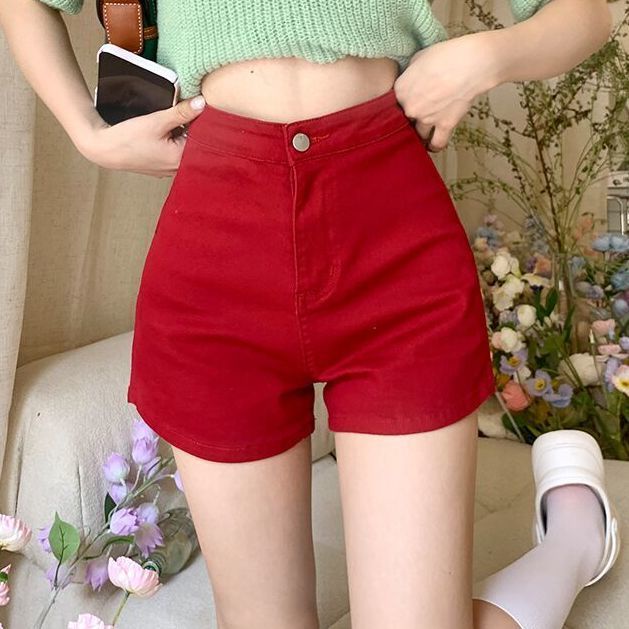 JK Red Denim Shorts Women's Summer Slimming Design Sense Niche High ...