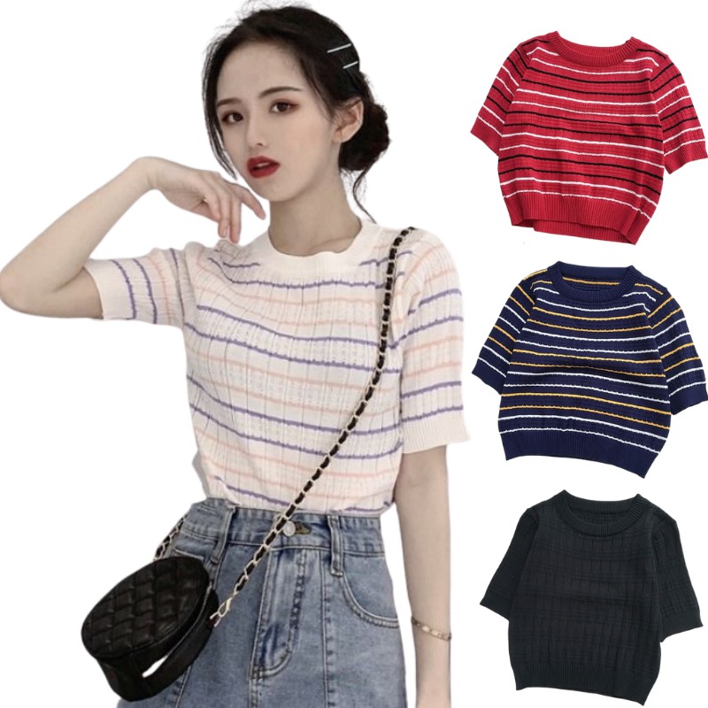 Women's Versatile Contrast Stripe Loose Knitted Crop Top All-match T ...