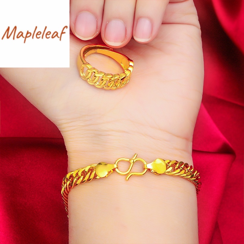 Original 18K Saudi gold pawnable Fu buckle boss flat chain ring ...