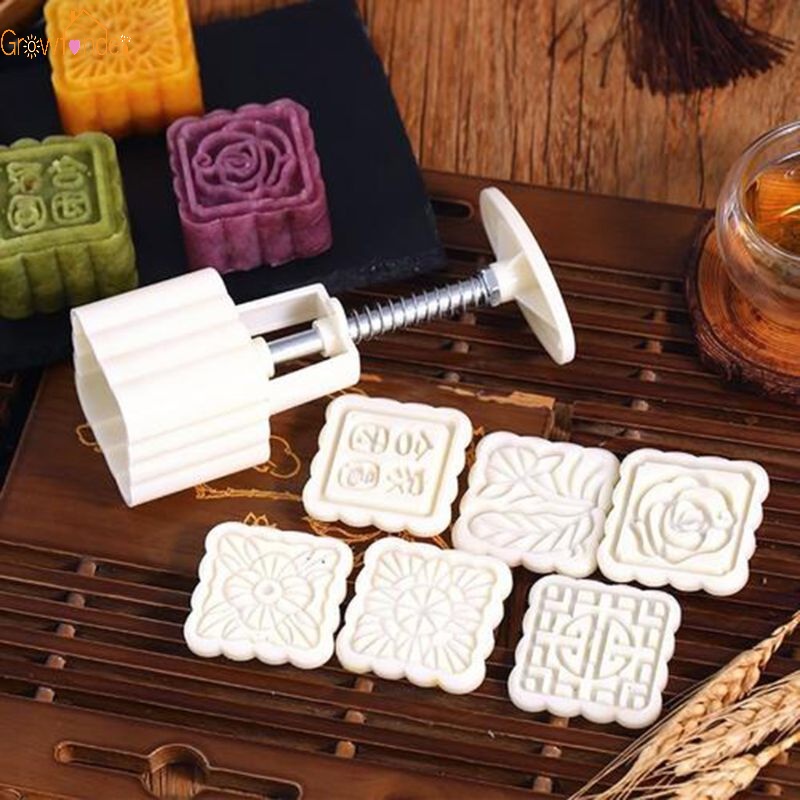 4pcs Mooncake Mold with Square Flowers Stamps Hand Press Moon Cake ...