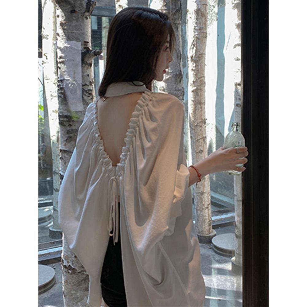 Backless Long Sleeves Shirt Women French Lantern Sleeve Loose Top ...