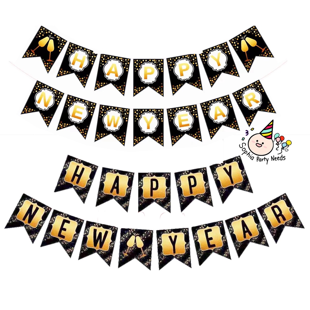 Happy New Year Banner for New Year's Party Decoration Gold Black ...
