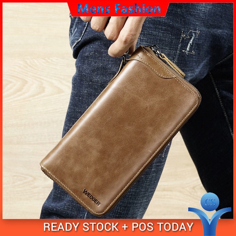 Mens Genuine Leather Long Wallet Zipper Wallet Wristlet Designer Card ...