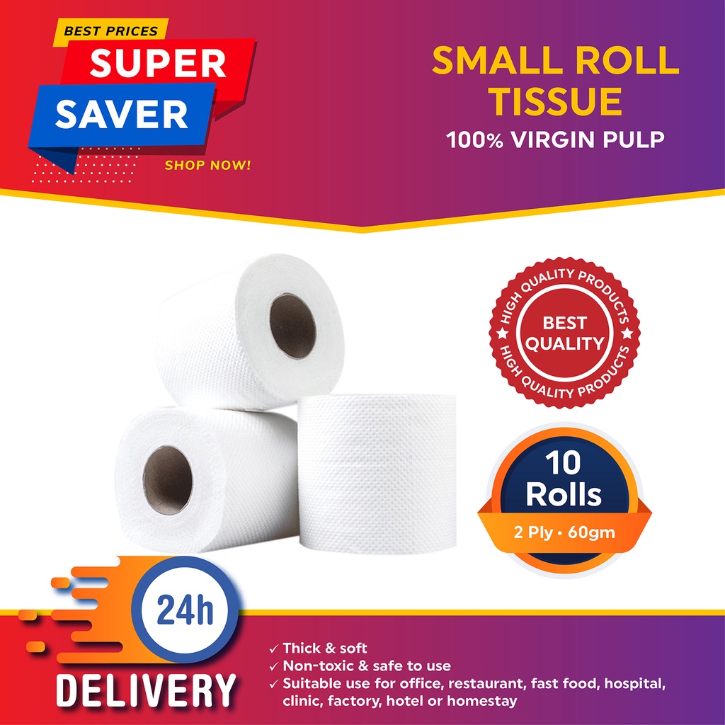 Small Roll Tissue 2 Ply 100% Virgin PULP Tissue (10 roll/pack) | Shopee ...
