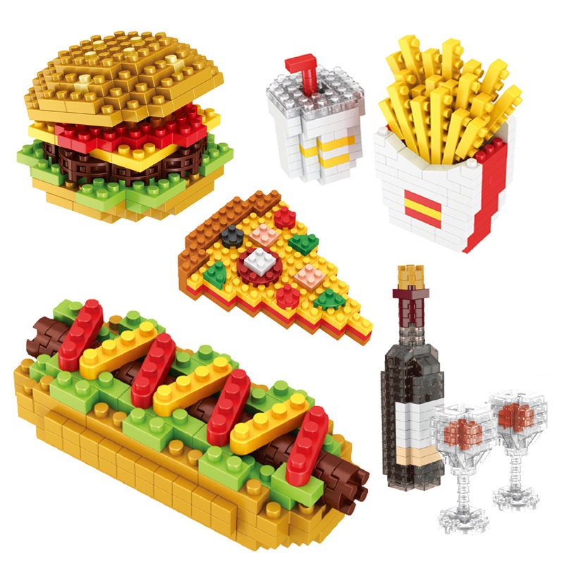 Mini Fast Food Building Blocks DIY Food Burger Fries Pizza Hot Dog Wine ...