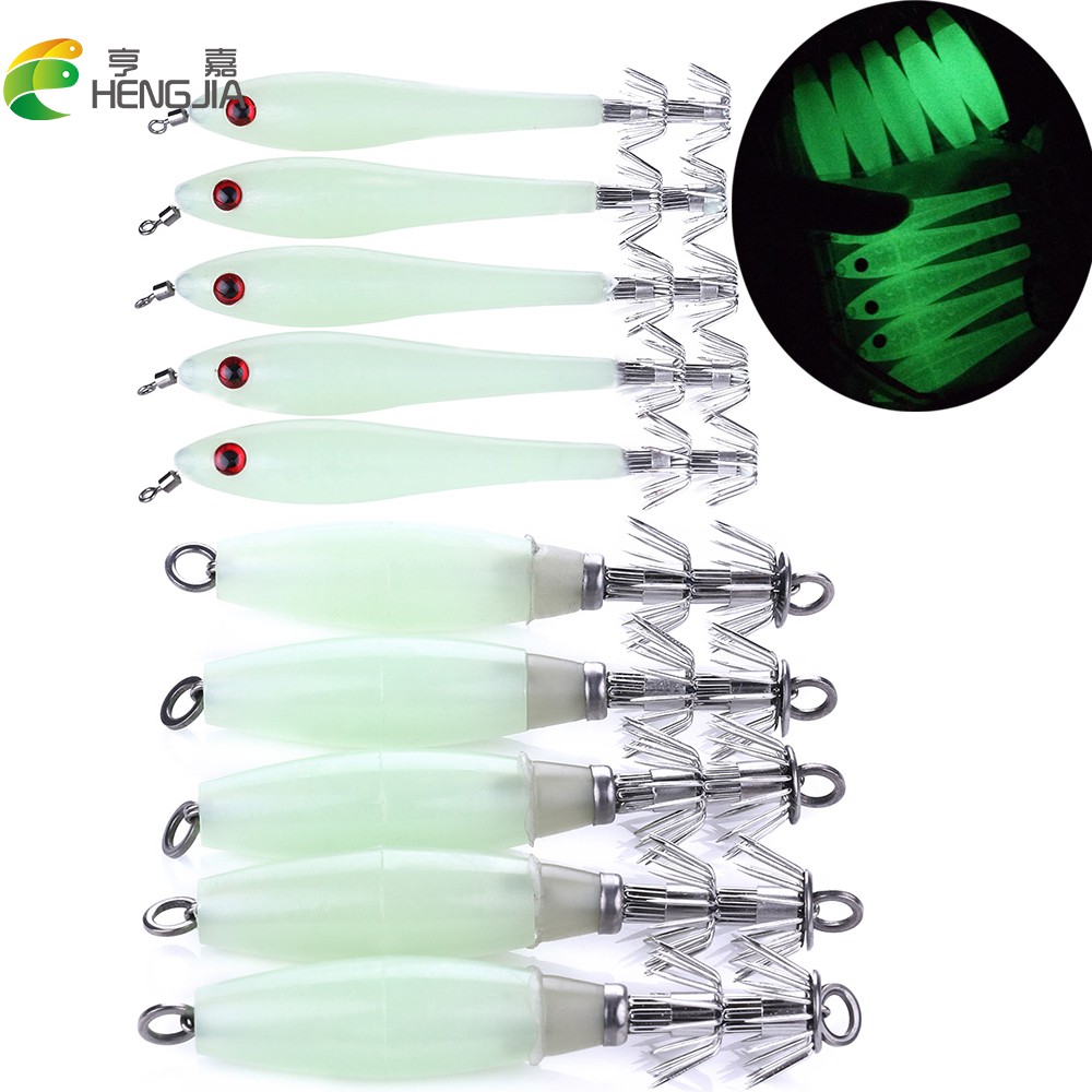 HENGJIA 5 Pcs/pack Luminous Green Squid Cuttlefish Catch Saltwater Jig Hook Sea Fishing Octopus ...