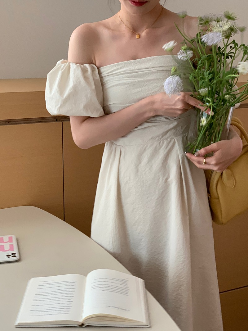 52593 French One-Shoulder Tube Top Pleated Puff Sleeve Dress | Shopee ...