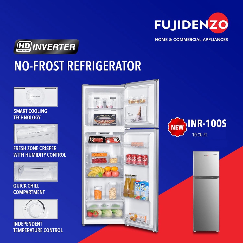 Fujidenzo 10 cu. ft. HD Inverter Two Door No Frost Refrigerator INR-103HS (Stainless Look ...