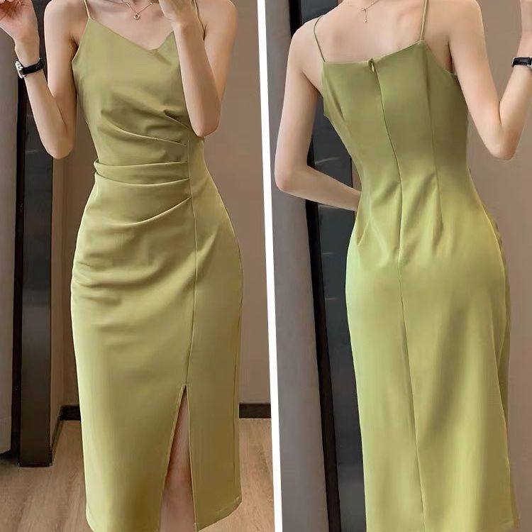 Satin Strap Dress Summer French Slim Fit Slit Green Mid-Length Dress ...