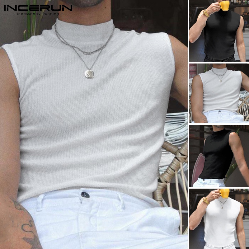 XMAN Men Fashion Solid Color Sleeveless High Neck Slim Fit Knit Tank ...