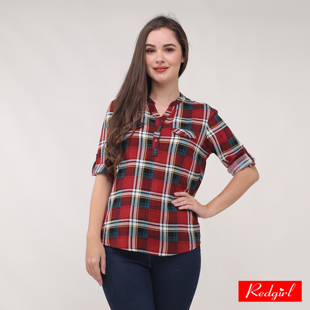 Red Girl Woven Checkered 3/4" Blouse RLT04-4455 (Red) | Shopee Philippines